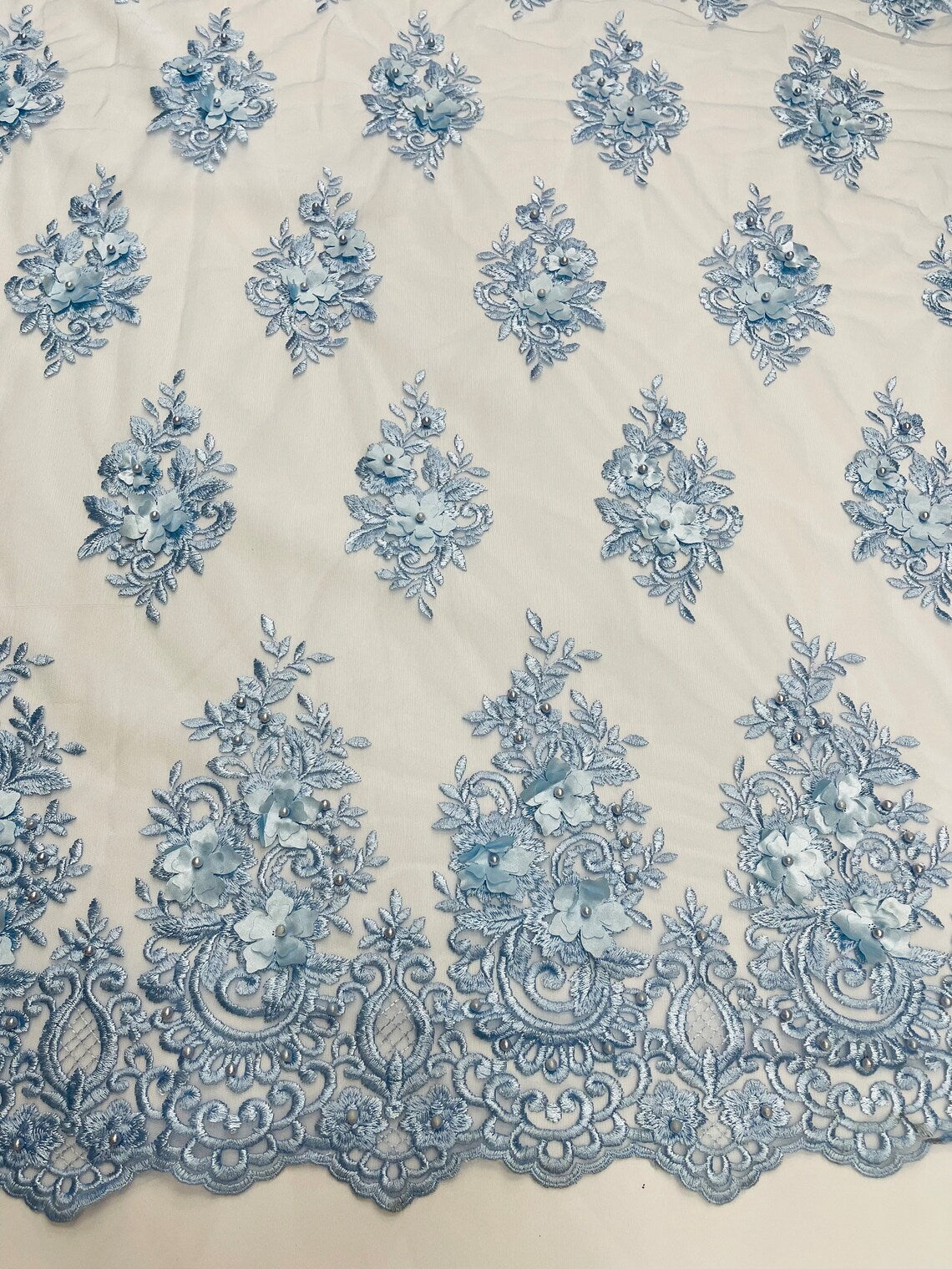 3D Fancy Floral Design Fabric - Baby Blue - 3D Flower Fabric with Smal