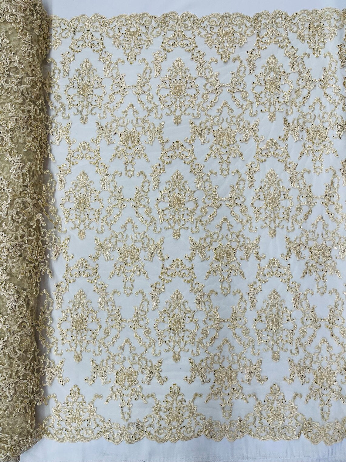 Butterfly Bead Sequins Fabric - Beige - Damask Beaded Sequins Lace Fab