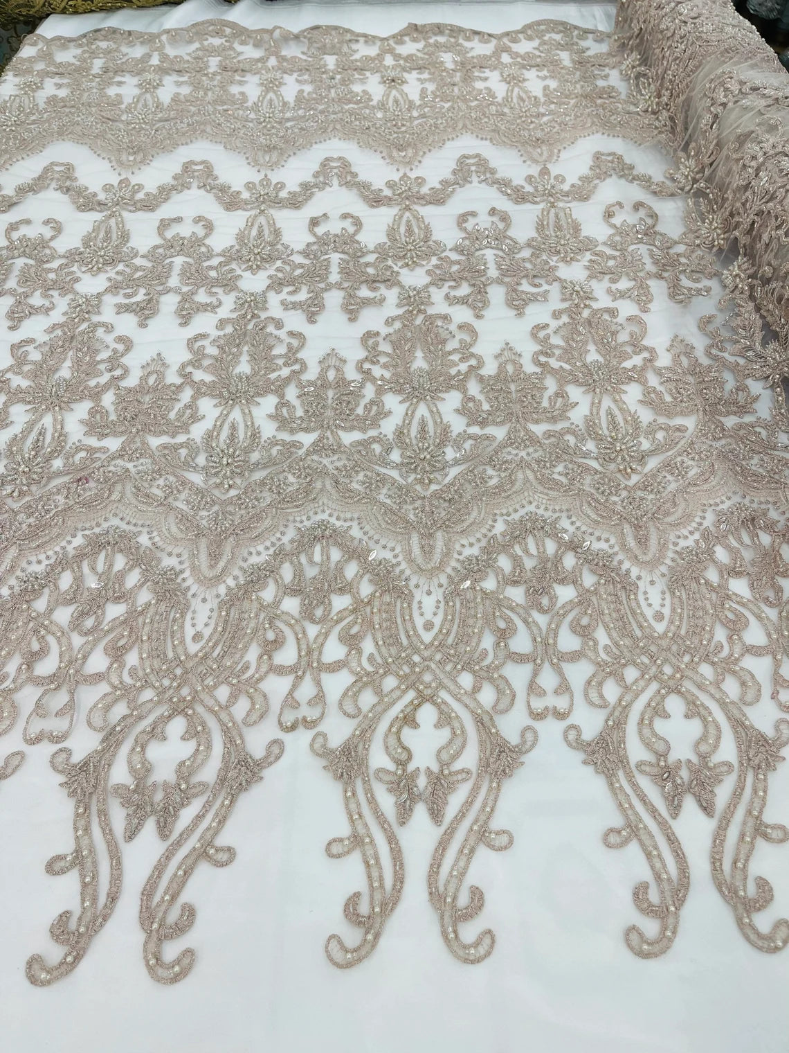 Damask Bead Fabric - Blush - Embroidered Glamorous Fabric with Round B