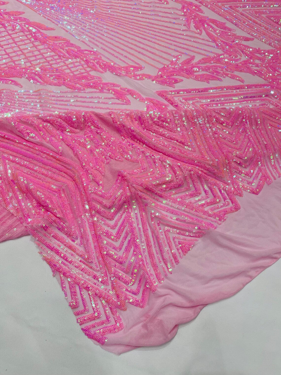Triangle Sequin Fabric - Candy Pink - Geometric Designs Spandex Mesh B