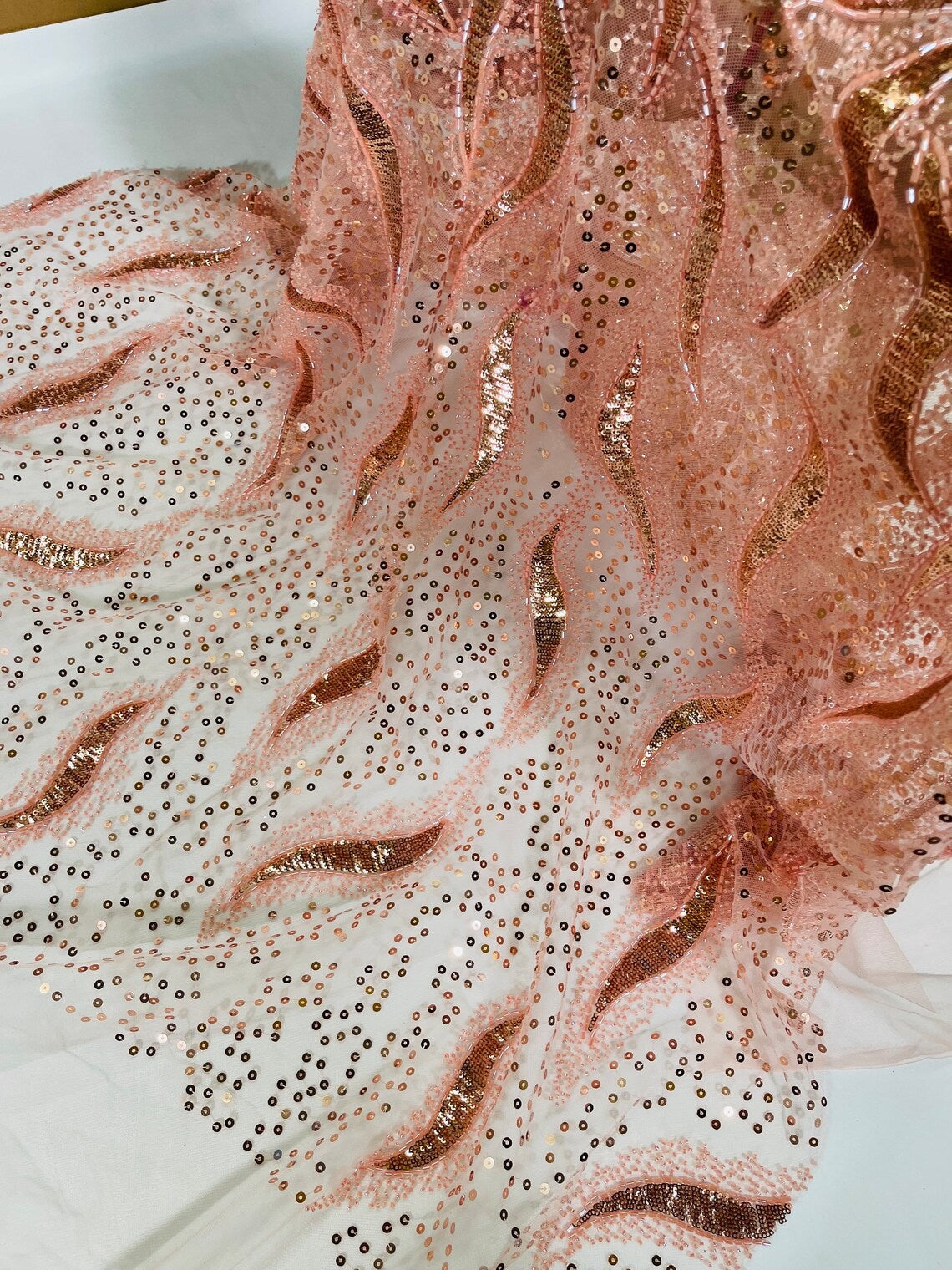 Beaded Fire Design Fabric - Coral - Fire Flame Design Sequins and Bead