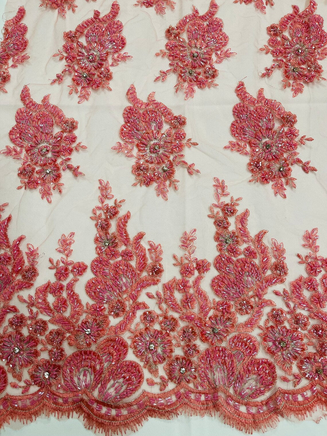 Rhinestone Beaded Fabric - Coral - Beaded Floral Rhinestone Design wit
