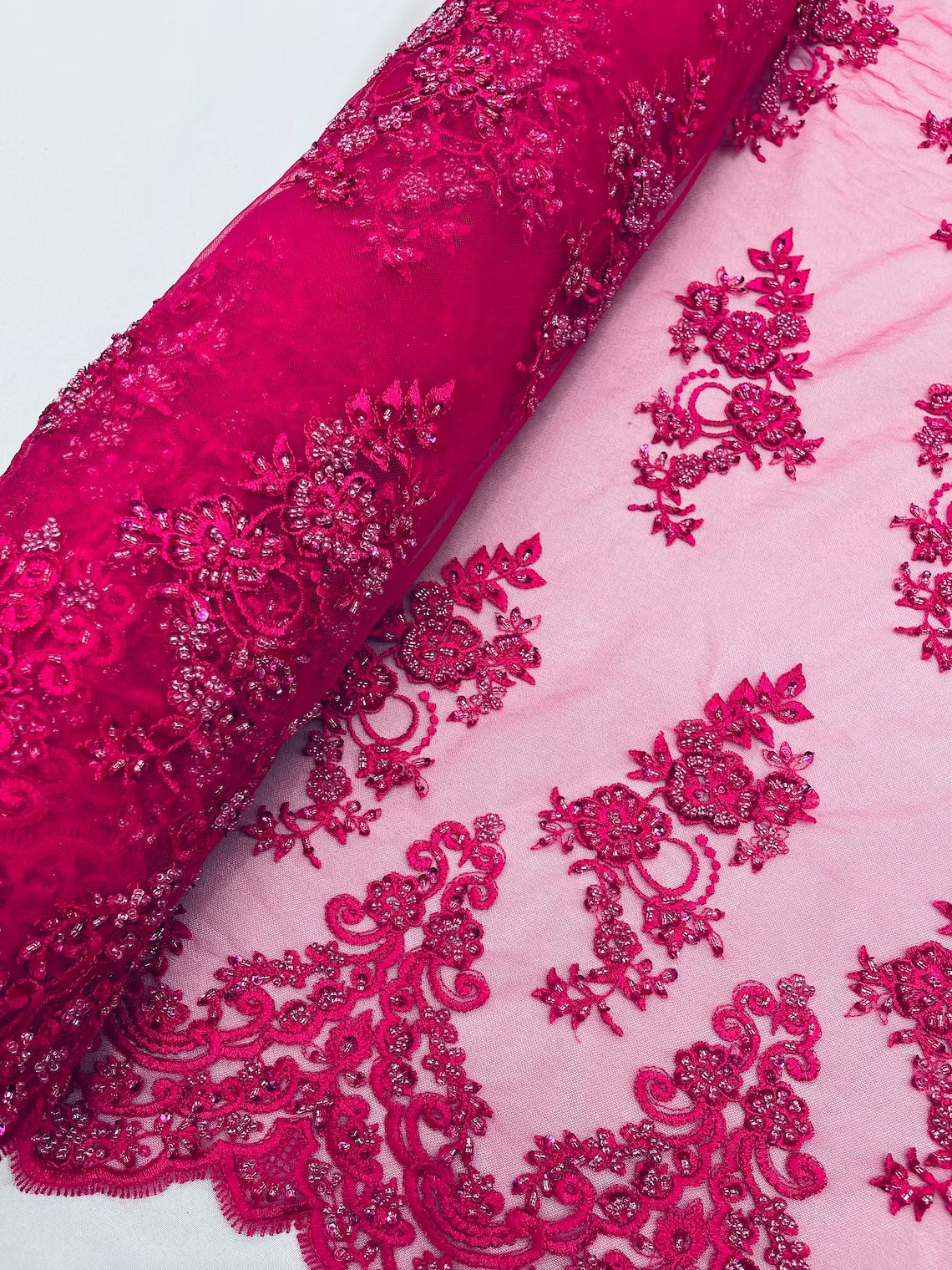 Beaded Floral Fabric - Fuchsia - Embroidered Flower Cluster Beaded Fab