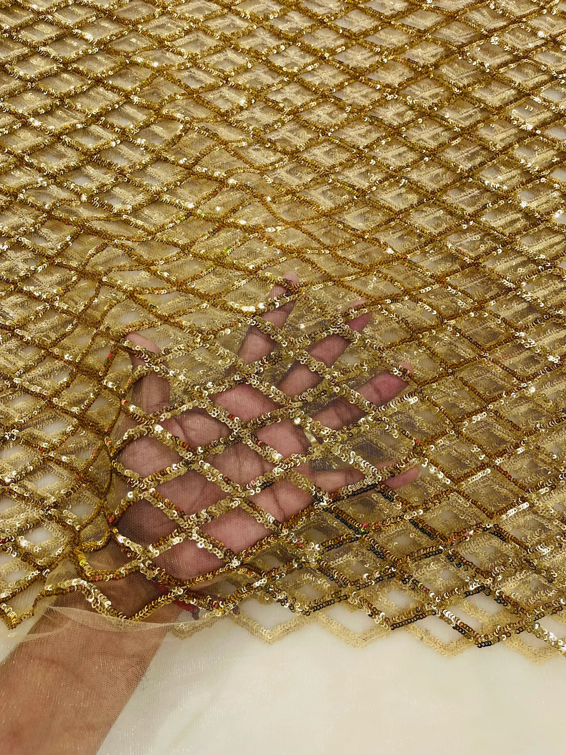 Diamond Sequins Fabric - Gold - Diamond Geometric Net Design on Mesh L