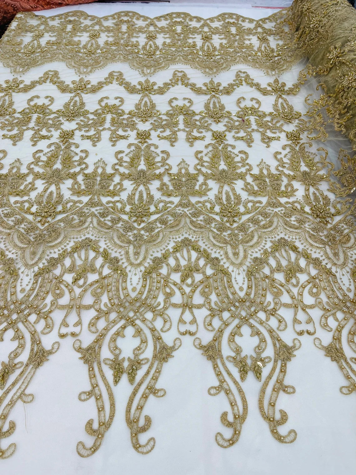Damask Bead Fabric - Gold - Embroidered Glamorous Fabric with Round Be
