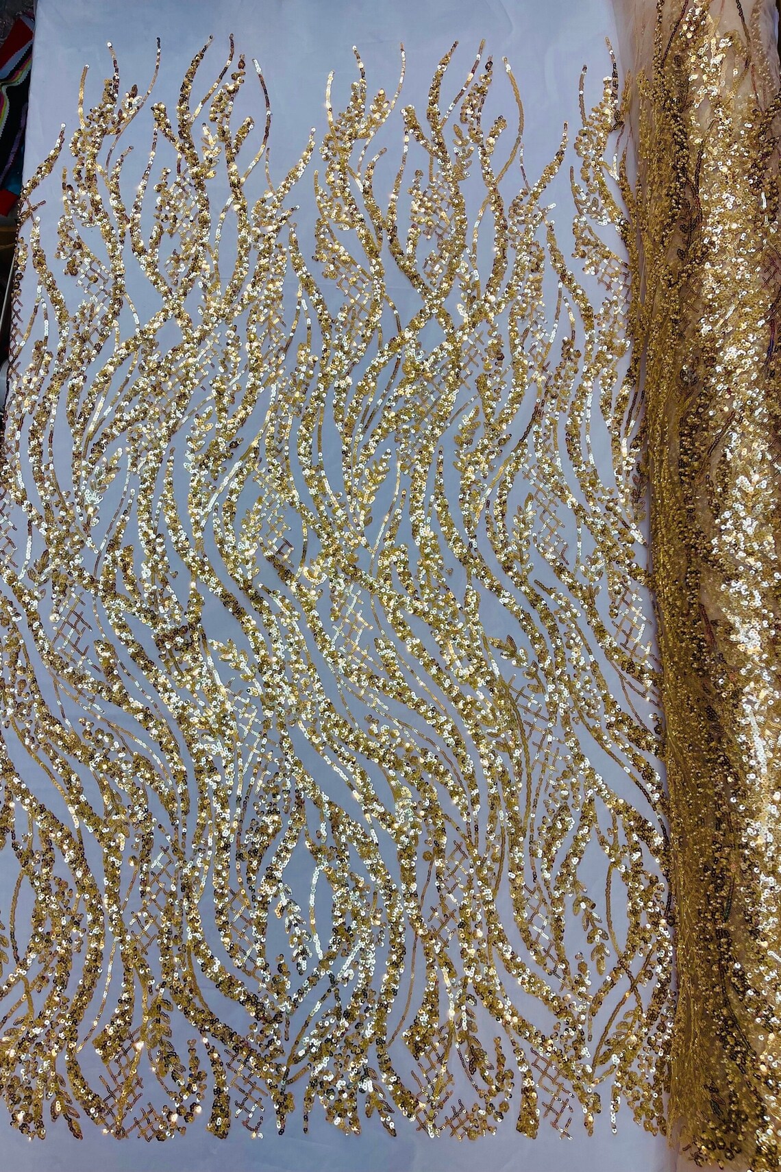 Floral Beaded Wavy Fabric - Gold - Beaded Sequins Wavy Embroidered Fab