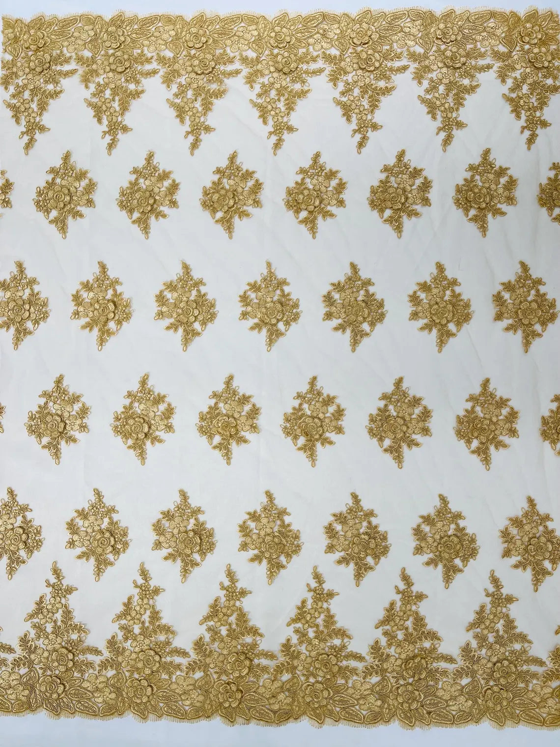 Corded Floral 3D Fabric - Gold - Embroidered Floral Design on Lace Mes