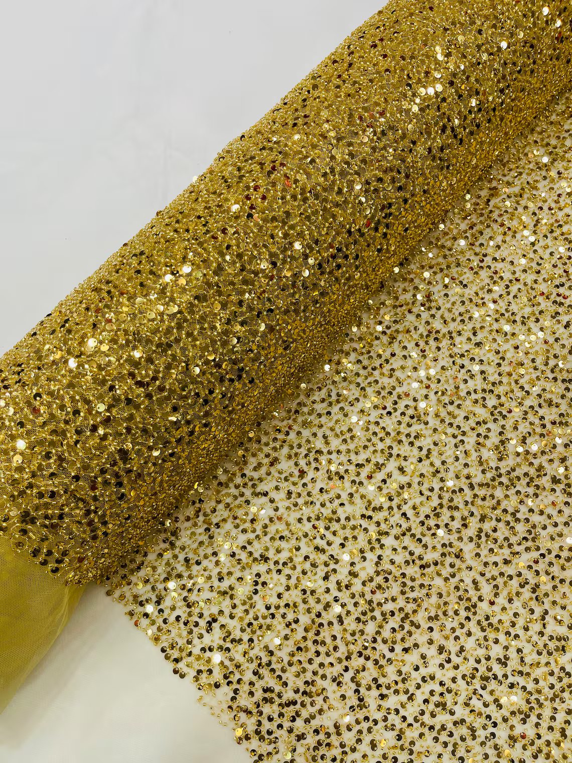 Pearl Sequins Bead Fabric - Gold - Small Beads and Sequins Embroidered