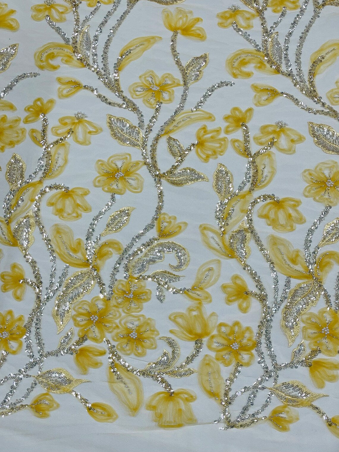 3D Tulle Flower Bead Fabric - Gold - Mesh Flower Plant Design with Bea