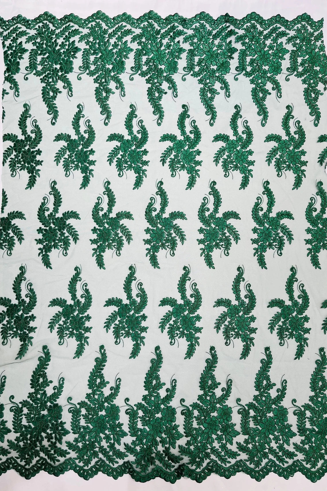 Long Leaf Designs Lace Fabric - Hunter Green - Embroidered Braid Leaf