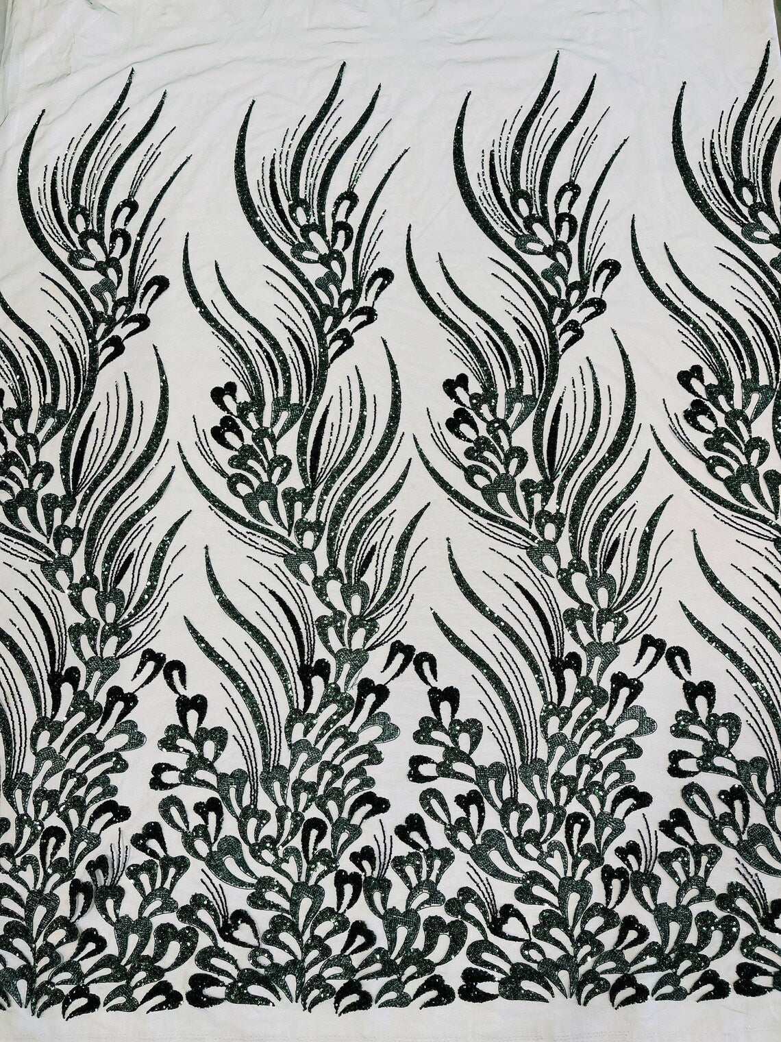 Fancy Wavy Leaf Bead Fabric - Hunter Green - Leaf Line Beaded Design E