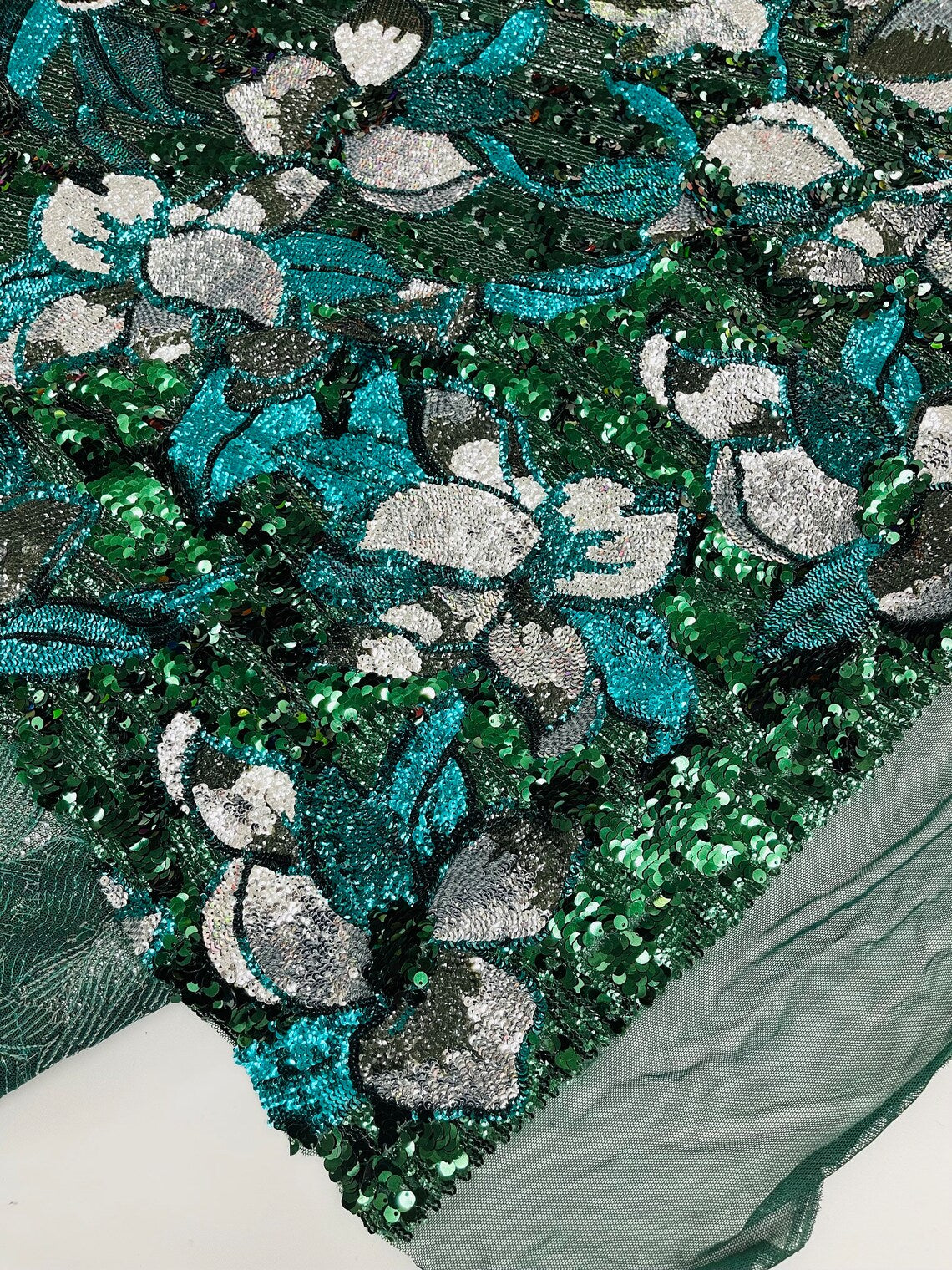Orchid Design Sequins - Hunter Green - 4 Way Stretch Full Sequins Flor