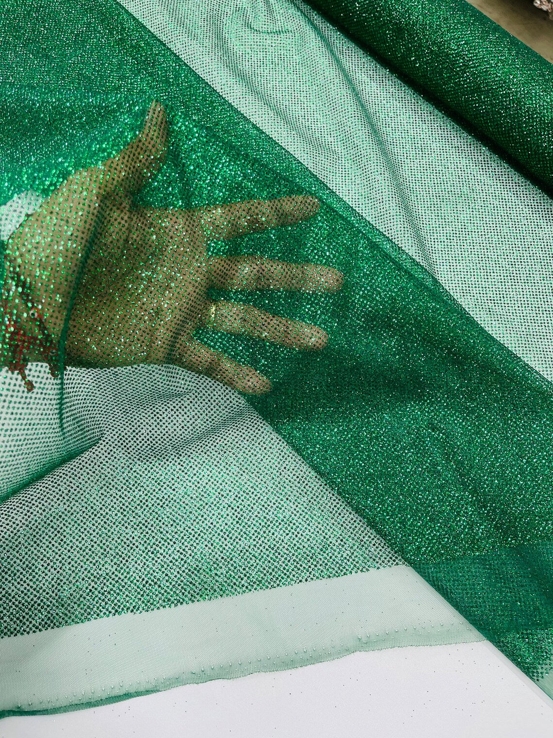 Shimmer Glitter Mesh Fabric - Hunter Green - Shiny Glitter Dots Design