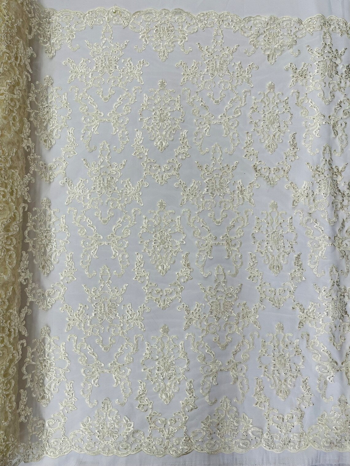 Butterfly Bead Sequins Fabric - Ivory - Damask Beaded Sequins Lace Fab