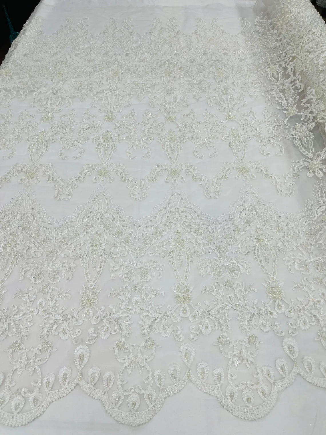 Damask Bead Fabric - Ivory - Embroidered Glamorous Fabric with Round B