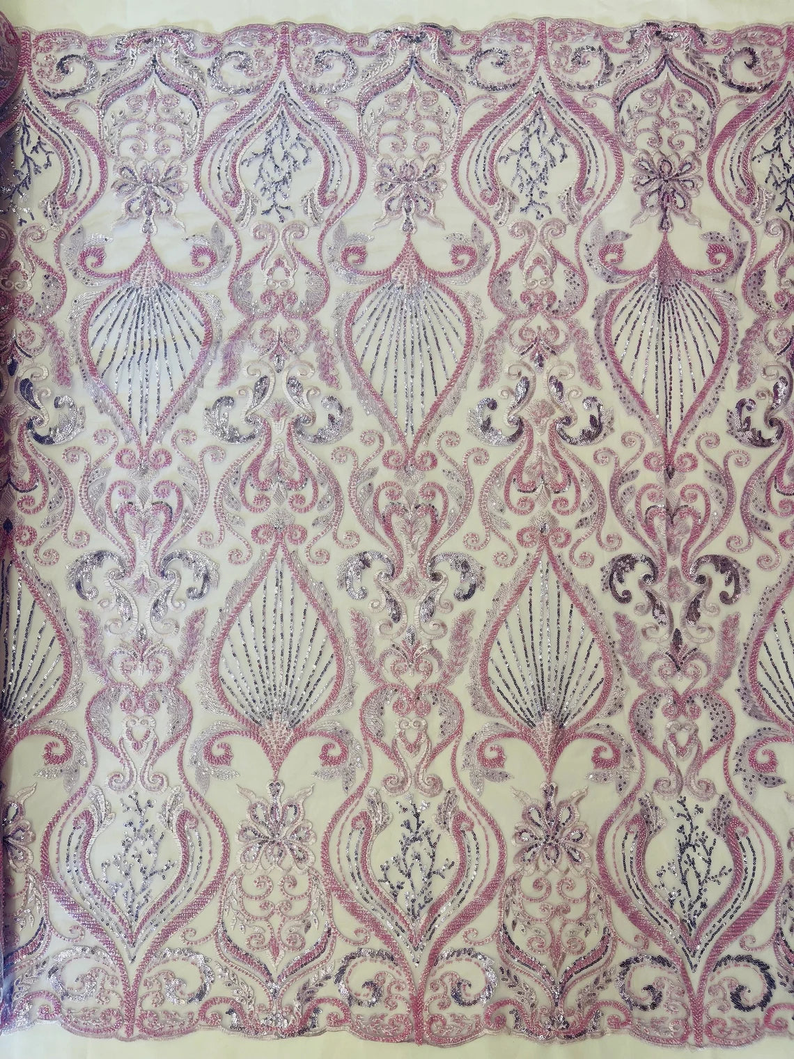 Damask Leaf Bead Fabric - Lilac - Heavy Beaded Embroidered Sequins Lac