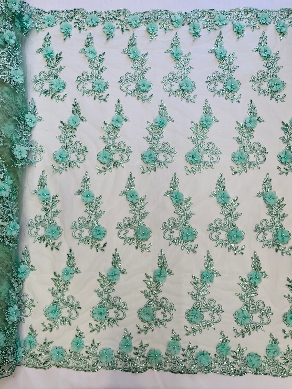 3D Flower Cluster Fabric - Mint - 3D Flower Leaf Design Fabric with Pe