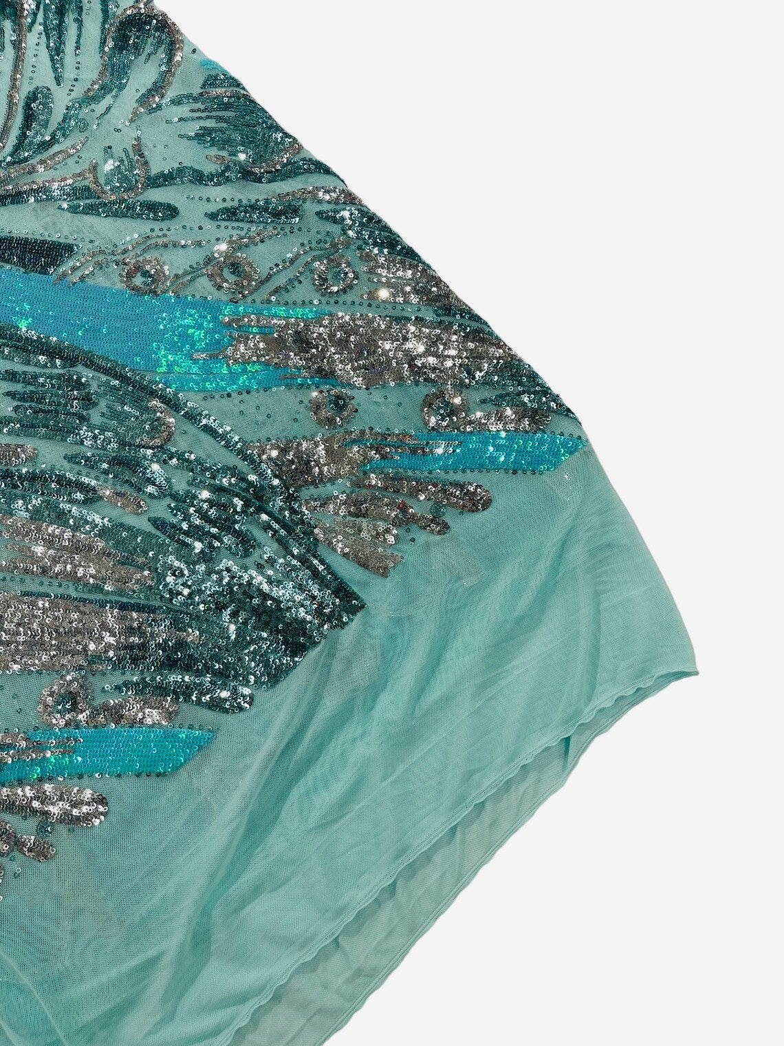 Multi-Color Sequins Design - Mint / Aqua / Silver - 4 Way Stretch Sequ