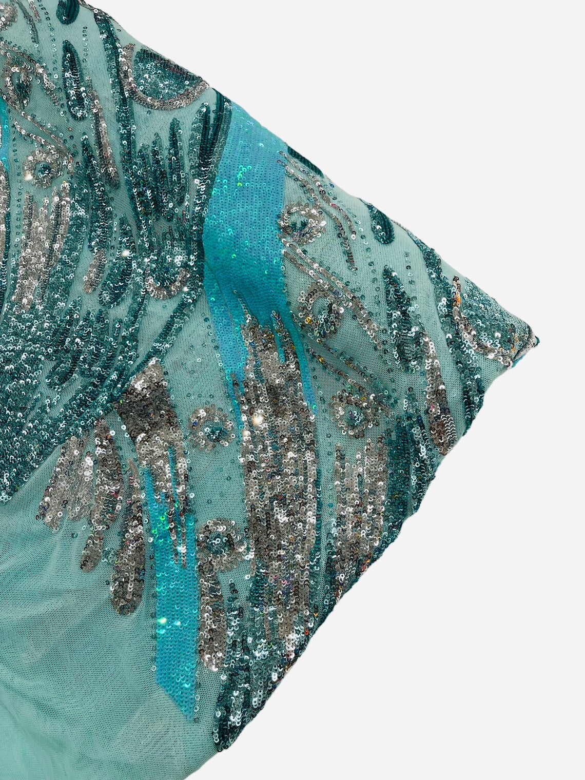Multi-Color Sequins Design - Mint / Aqua / Silver - 4 Way Stretch Sequ