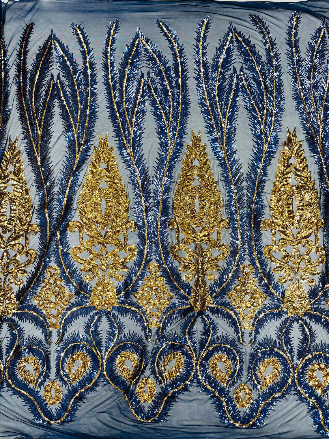Damask Palm Leaf Design - Navy Blue / Gold - 4 Way Stretch Sequin Fabr