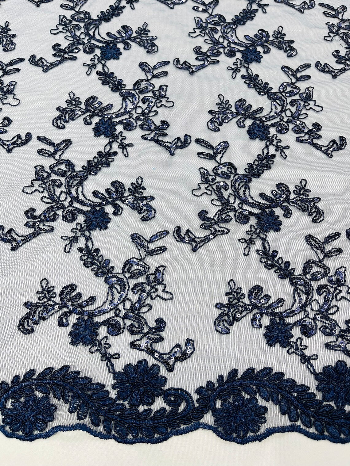 Floral Sequins Lace Fabric - Navy Blue - Embroidery Flower Clusters De