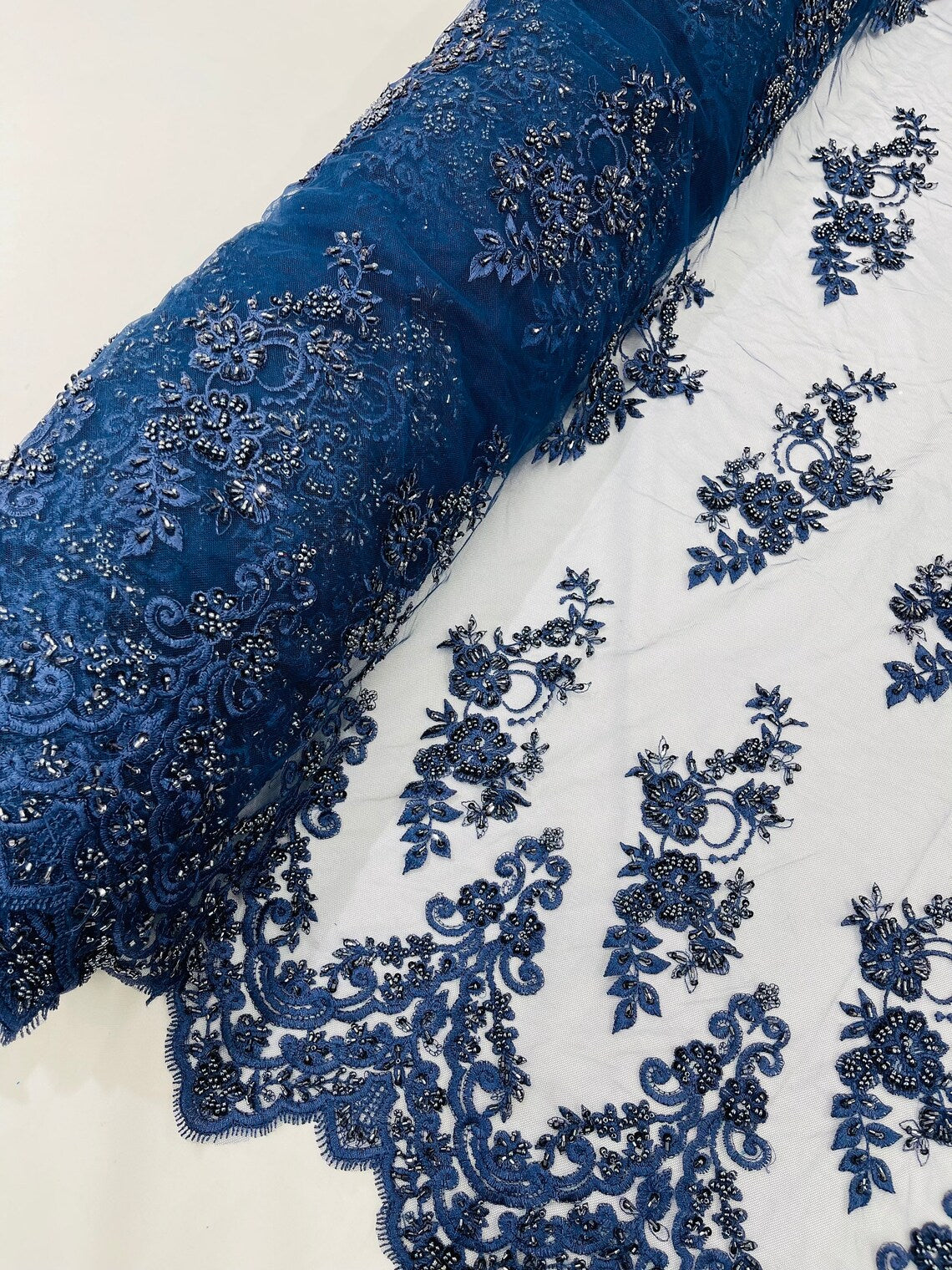 Beaded Floral Fabric - Navy Blue - Embroidered Flower Cluster Beaded F