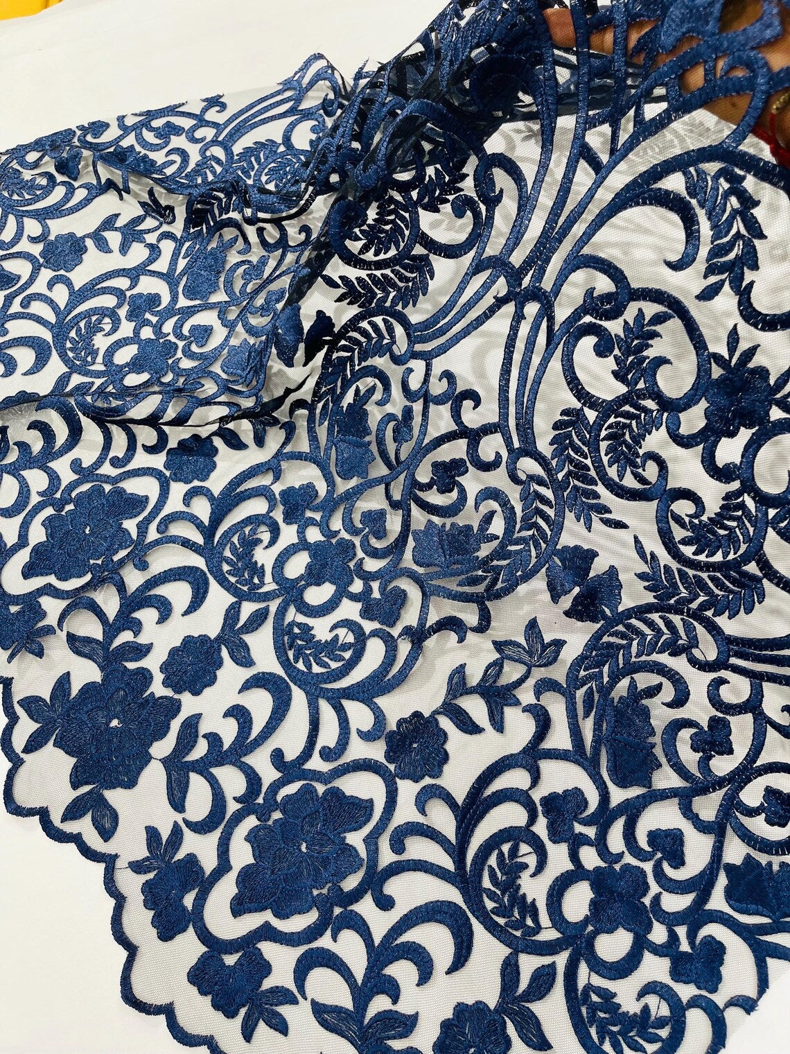 Fancy Damask Lace Fabric - Navy Blue - Embroidered Damask Design Mesh