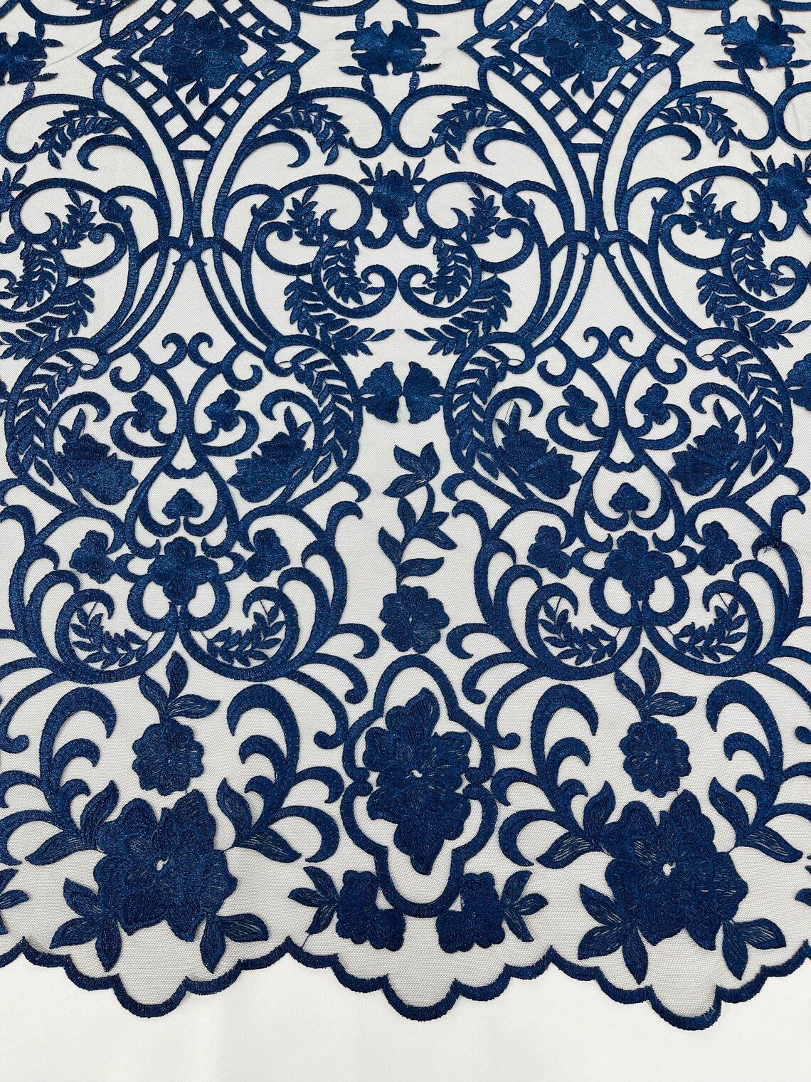 Fancy Damask Lace Fabric - Navy Blue - Embroidered Damask Design Mesh