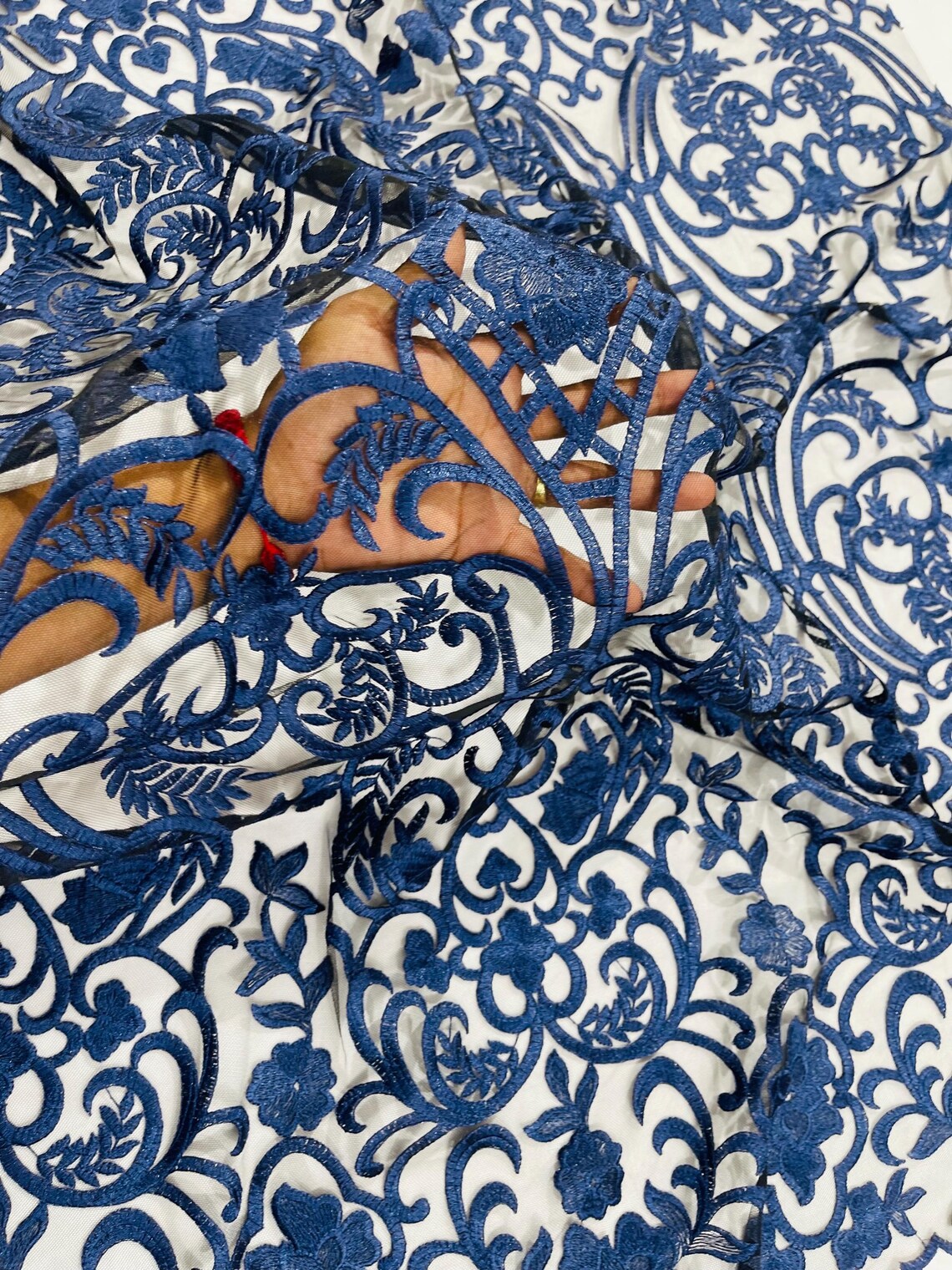 Fancy Damask Lace Fabric - Navy Blue - Embroidered Damask Design Mesh
