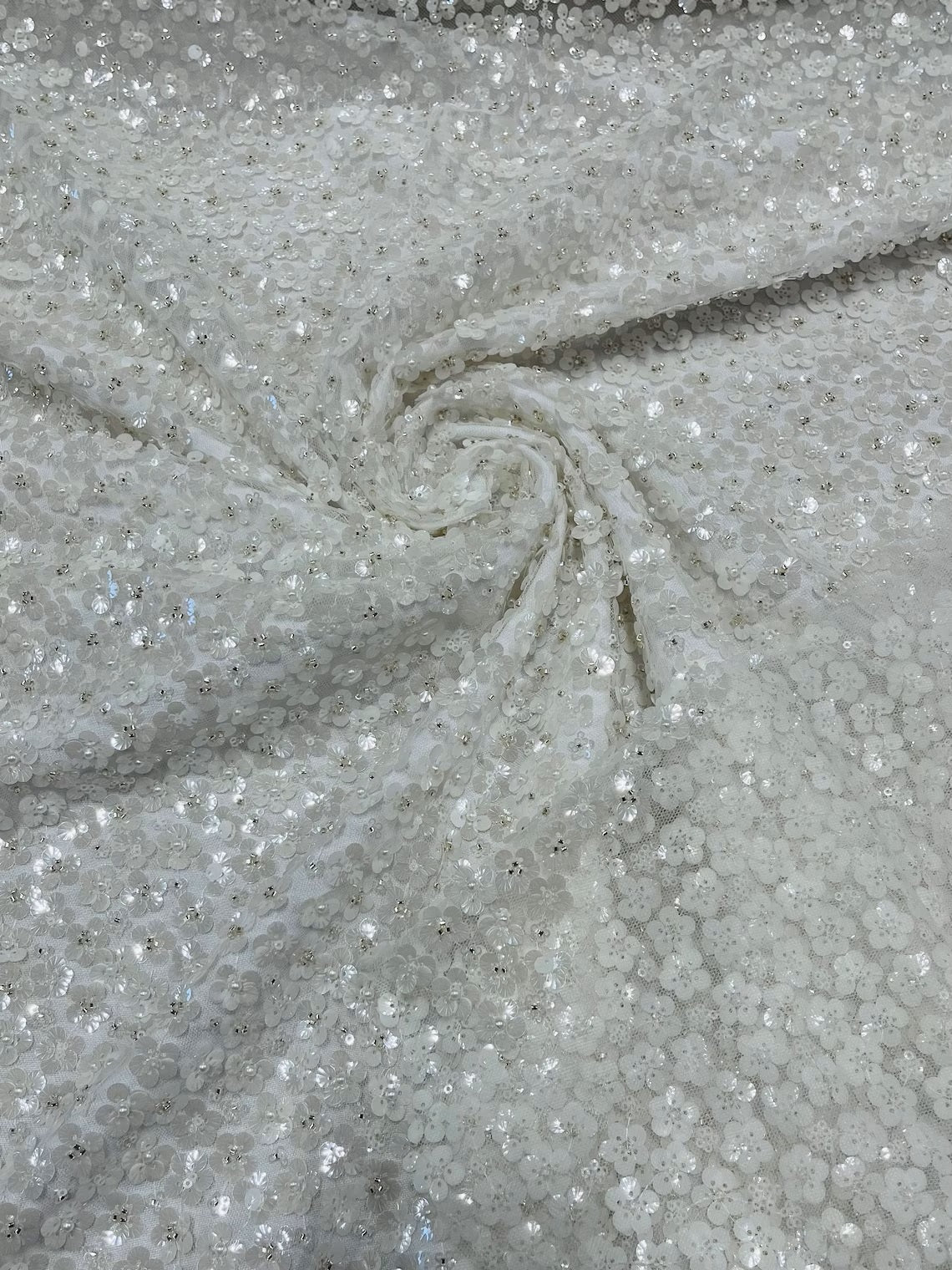 Small Beaded Flower Pearl Fabric - Off-White - Pearls and Beads Embroi