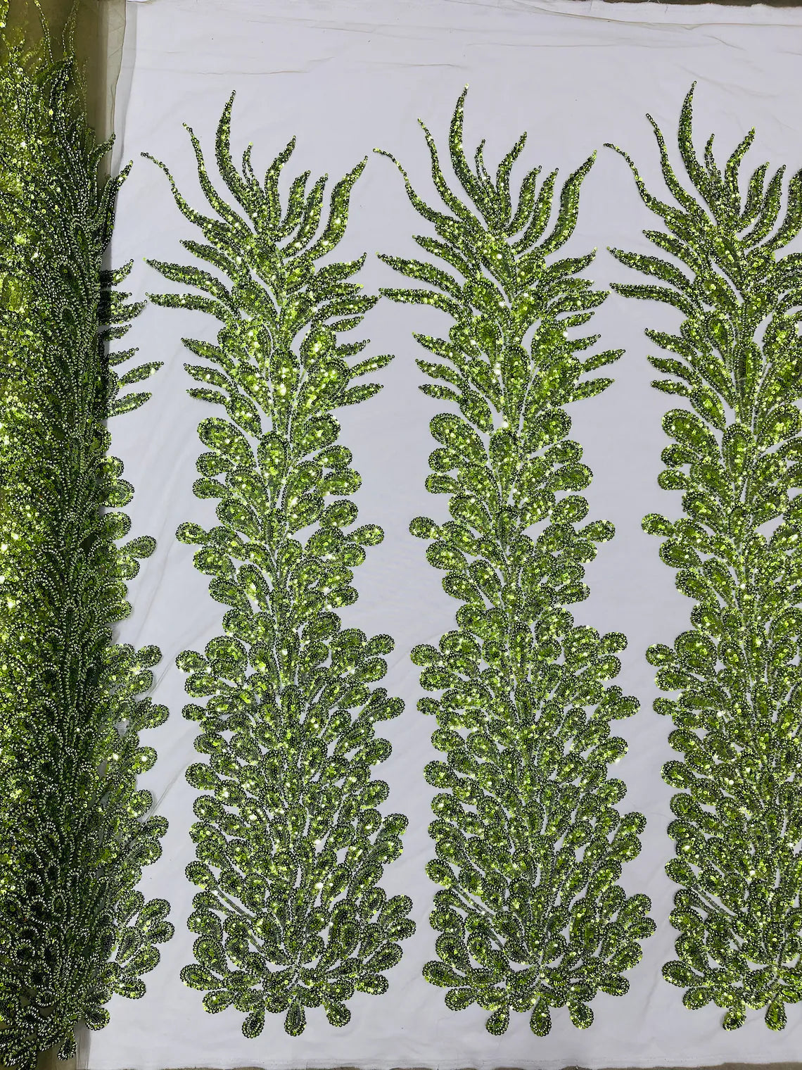 3D Beaded Peacock Feathers - Olive Green -Sequins Embroidered Beaded V