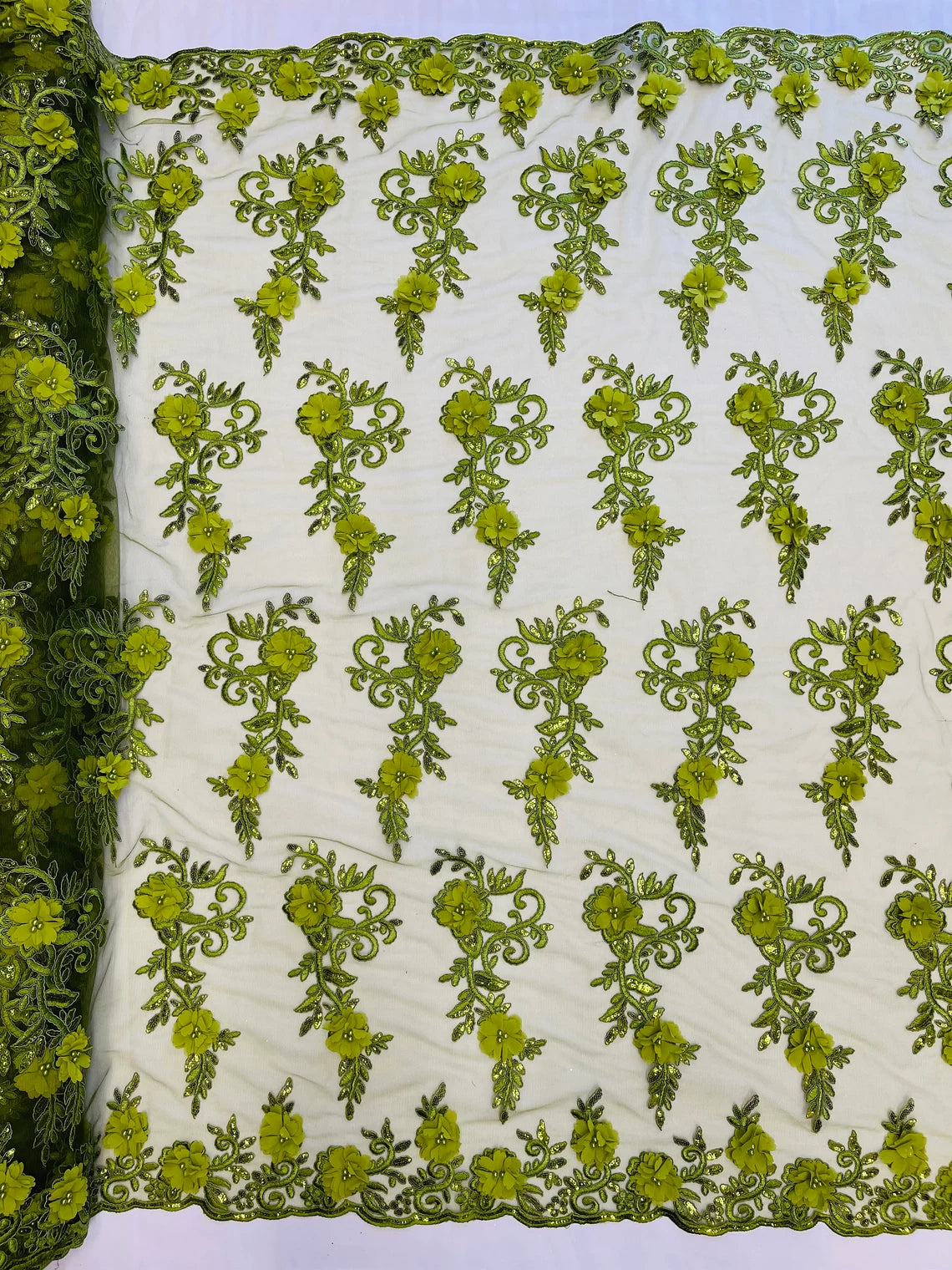 3D Flower Cluster Fabric - Olive Green - 3D Flower Leaf Design Fabric