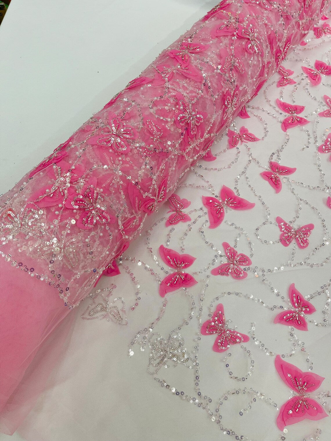 3d Butterfly Beaded Fabric Pink Silver Beaded Sequins Butterfly