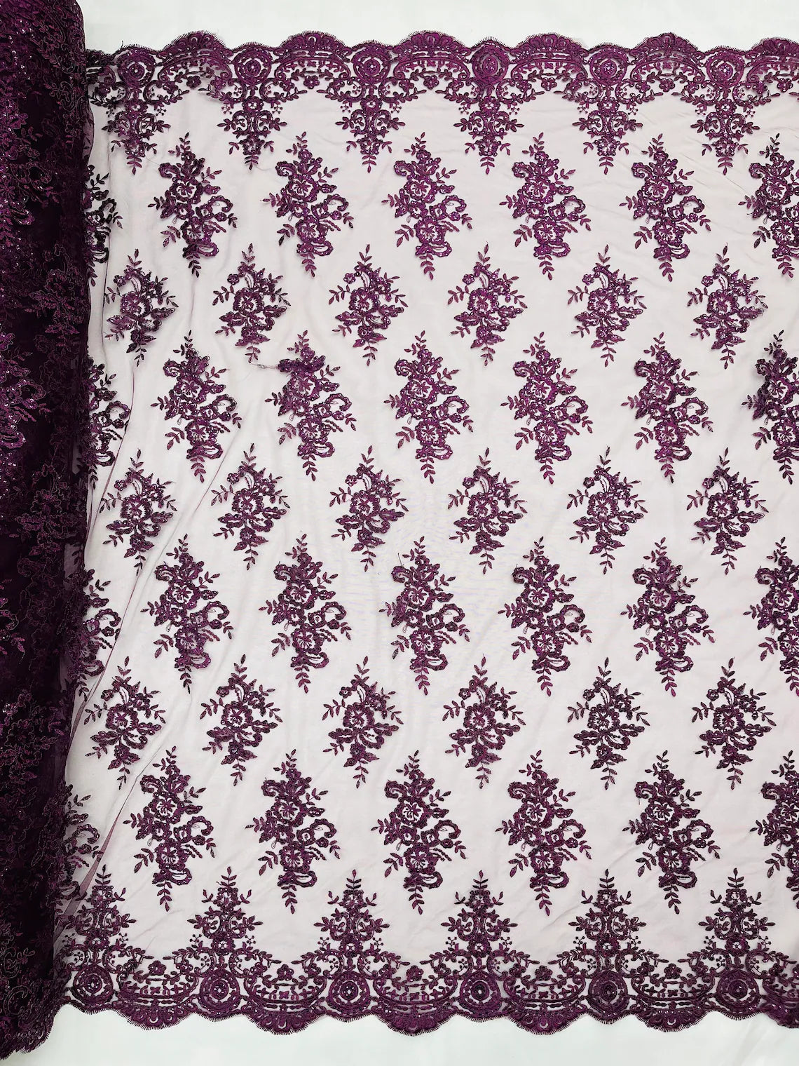 Plum Floral Lace Fabric - by the yard - Corded Flower Embroidery Desig
