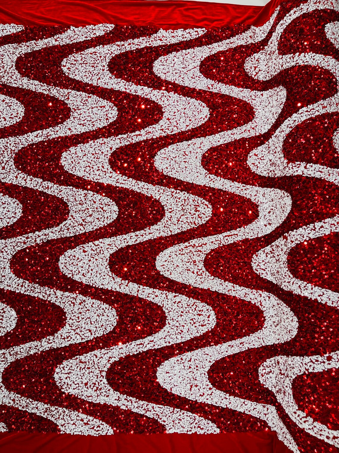 Wavy Line Velvet Sequins - Red / White - Velvet Sequins 2 Way Stretch