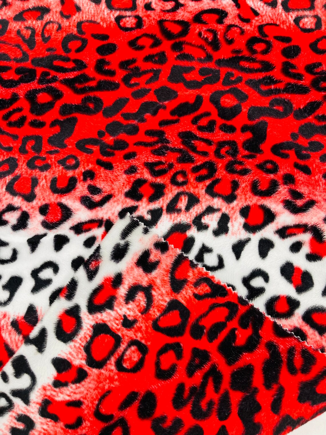 Leopard Velboa Faux Fur Fabric - Red / White - Cheetah Animal Print Ve