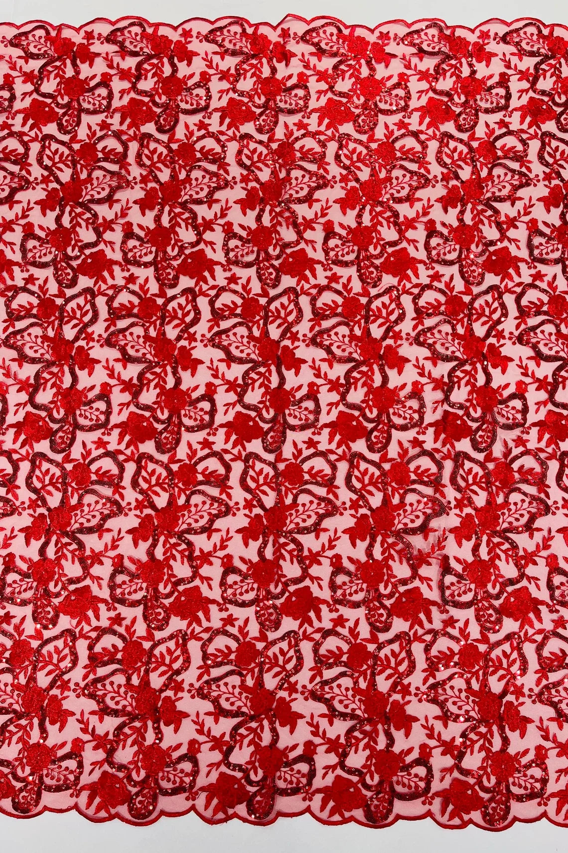 Small Flower Sequins Lace Fabric - Red - Embroidered Floral Pattern Fa