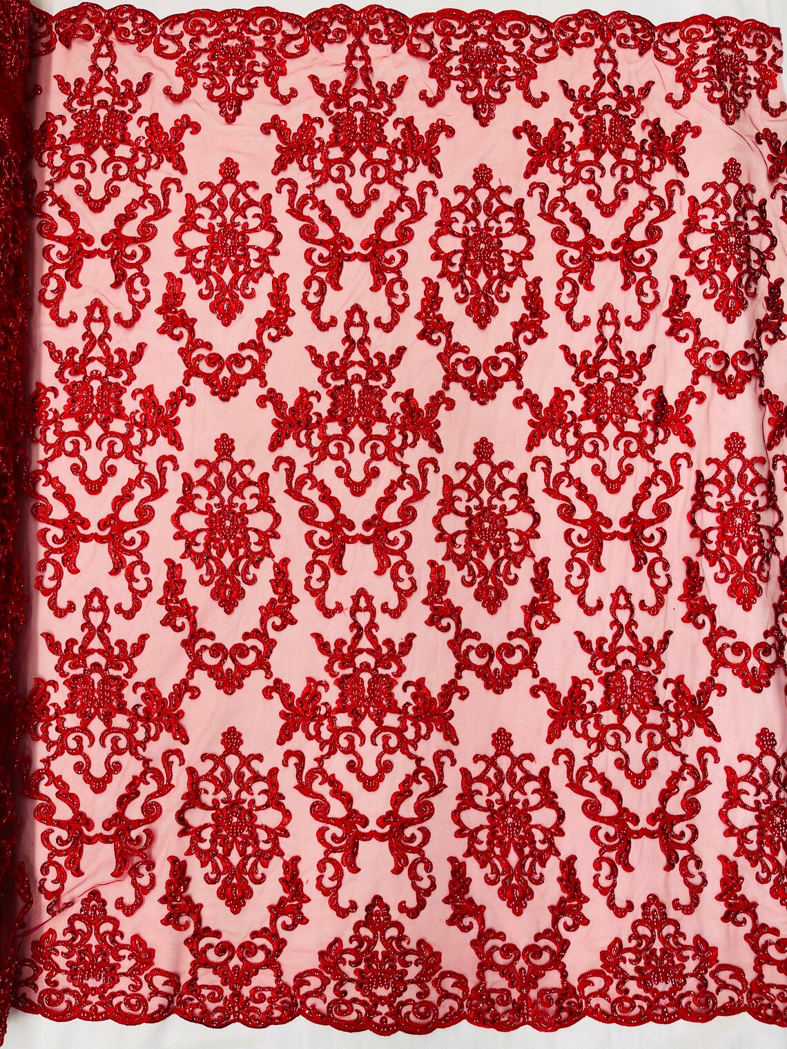 Butterfly Bead Sequins Fabric - Red - Damask Beaded Sequins Lace Fabri