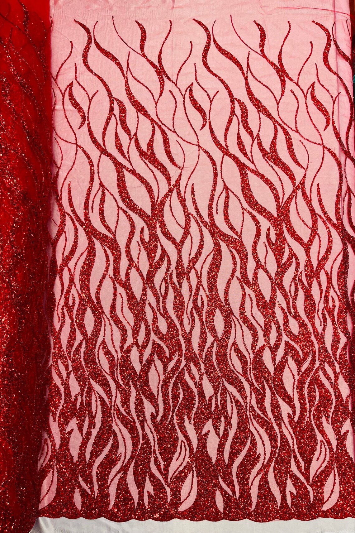 Fire Flames Design Bead Fabric - Red - Beaded Embroidered Fire Pattern