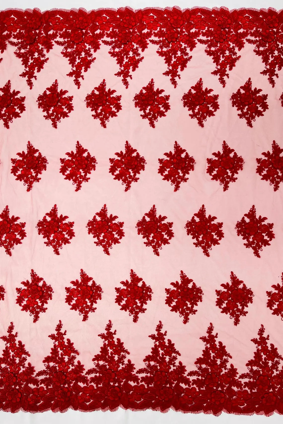 Corded Floral 3D Fabric - Red - Embroidered Floral Design on Lace Mesh
