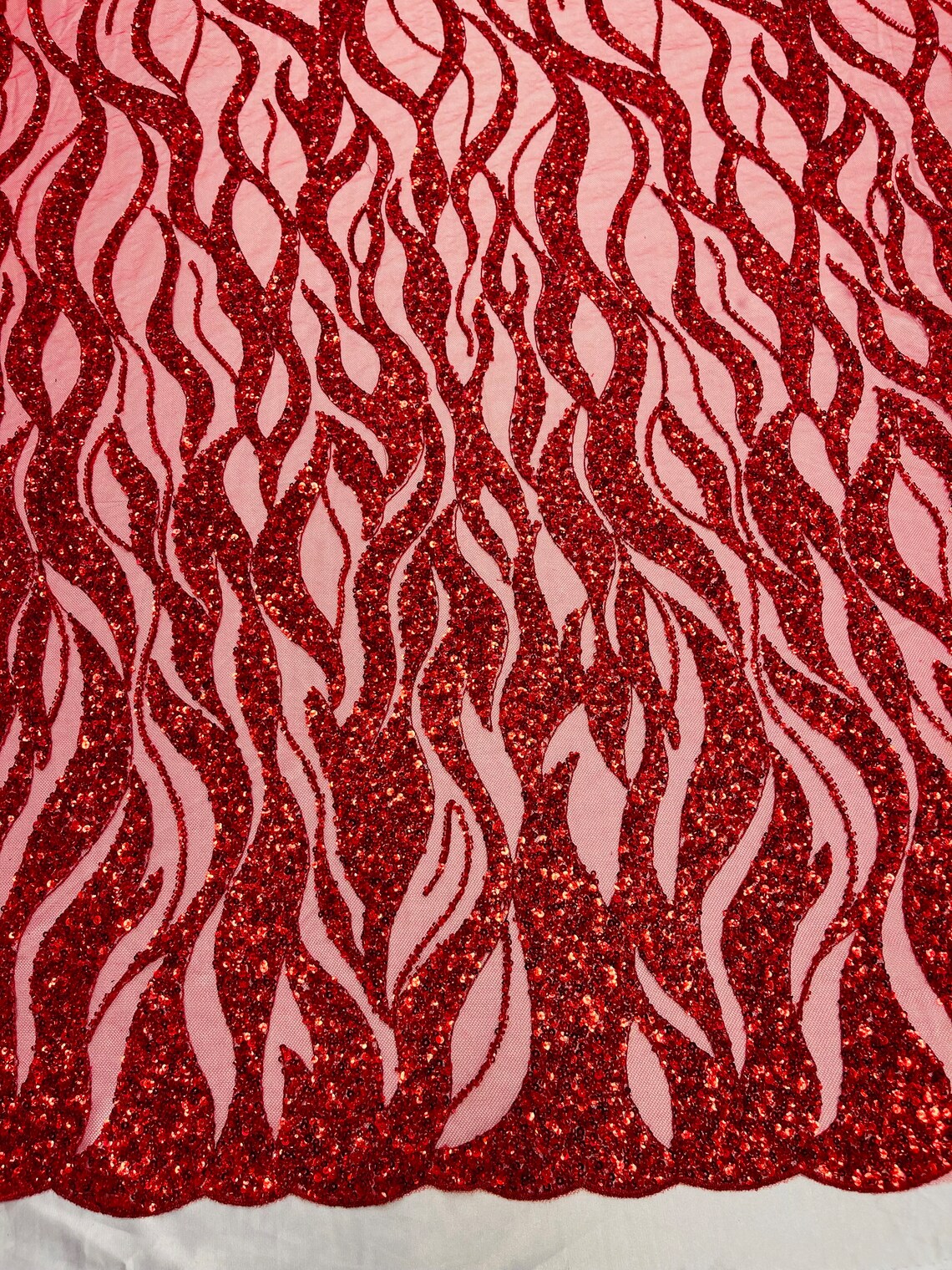 Fire Flames Design Bead Fabric - Red - Beaded Embroidered Fire Pattern