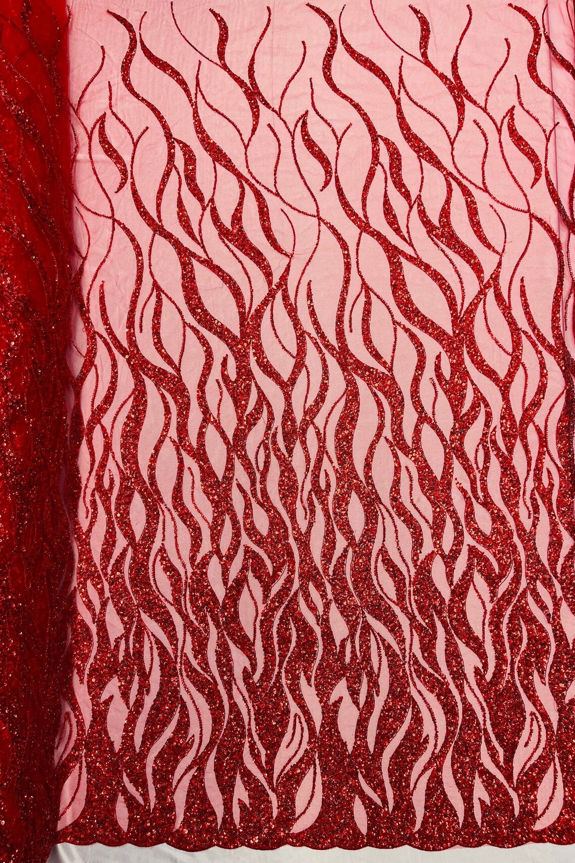 Fire Flames Design Bead Fabric - Red - Beaded Embroidered Fire Pattern