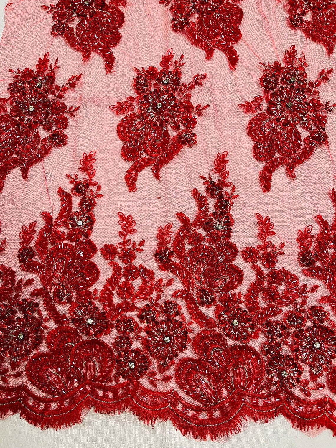 Rhinestone Beaded Fabric - Red - Beaded Floral Rhinestone Design with