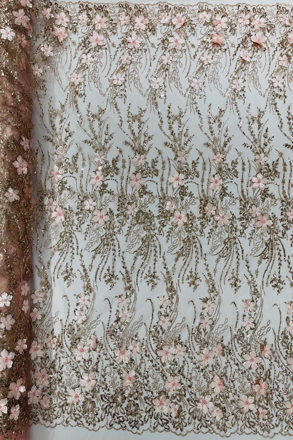 3D Glitter Floral Design Fabric - Rose Gold - Floral Line Design Embro