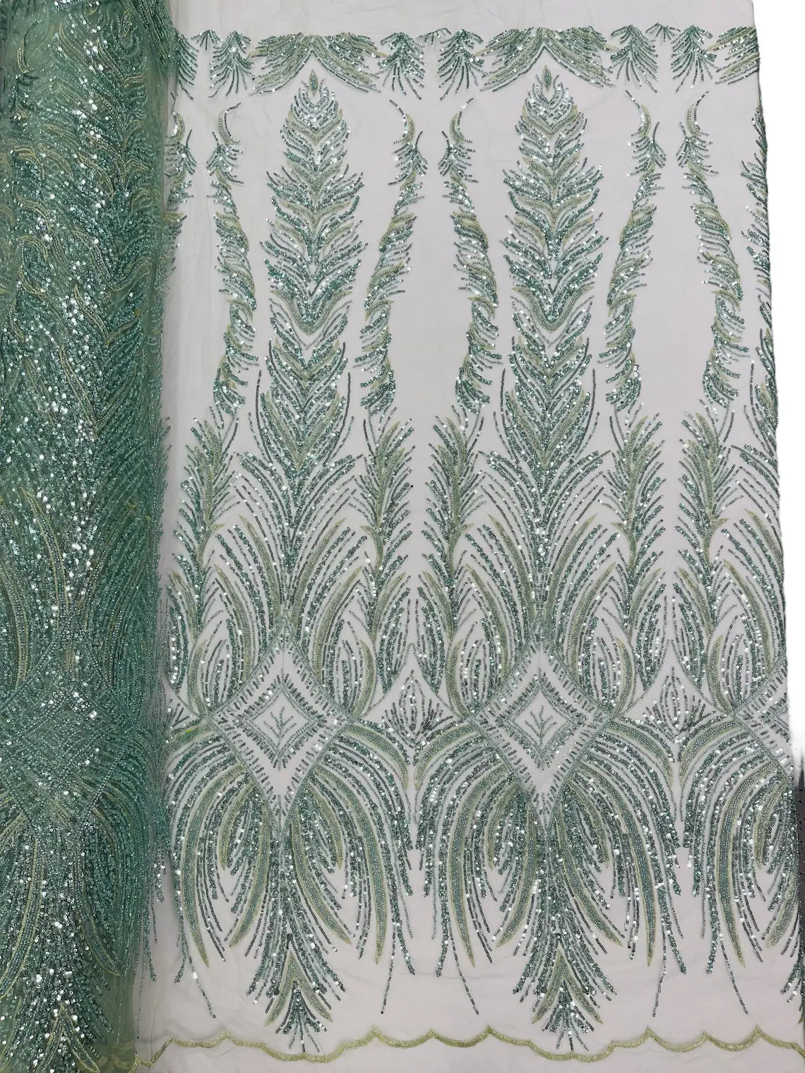 Beaded Lines Fabric - Sage Green - Luxury Beads and Sequins Line Desig