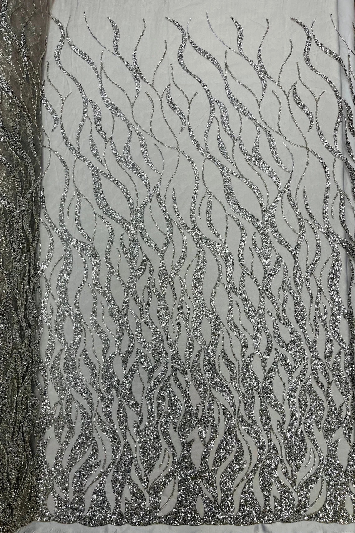 Fire Flames Design Bead Fabric - Silver - Beaded Embroidered Fire Patt