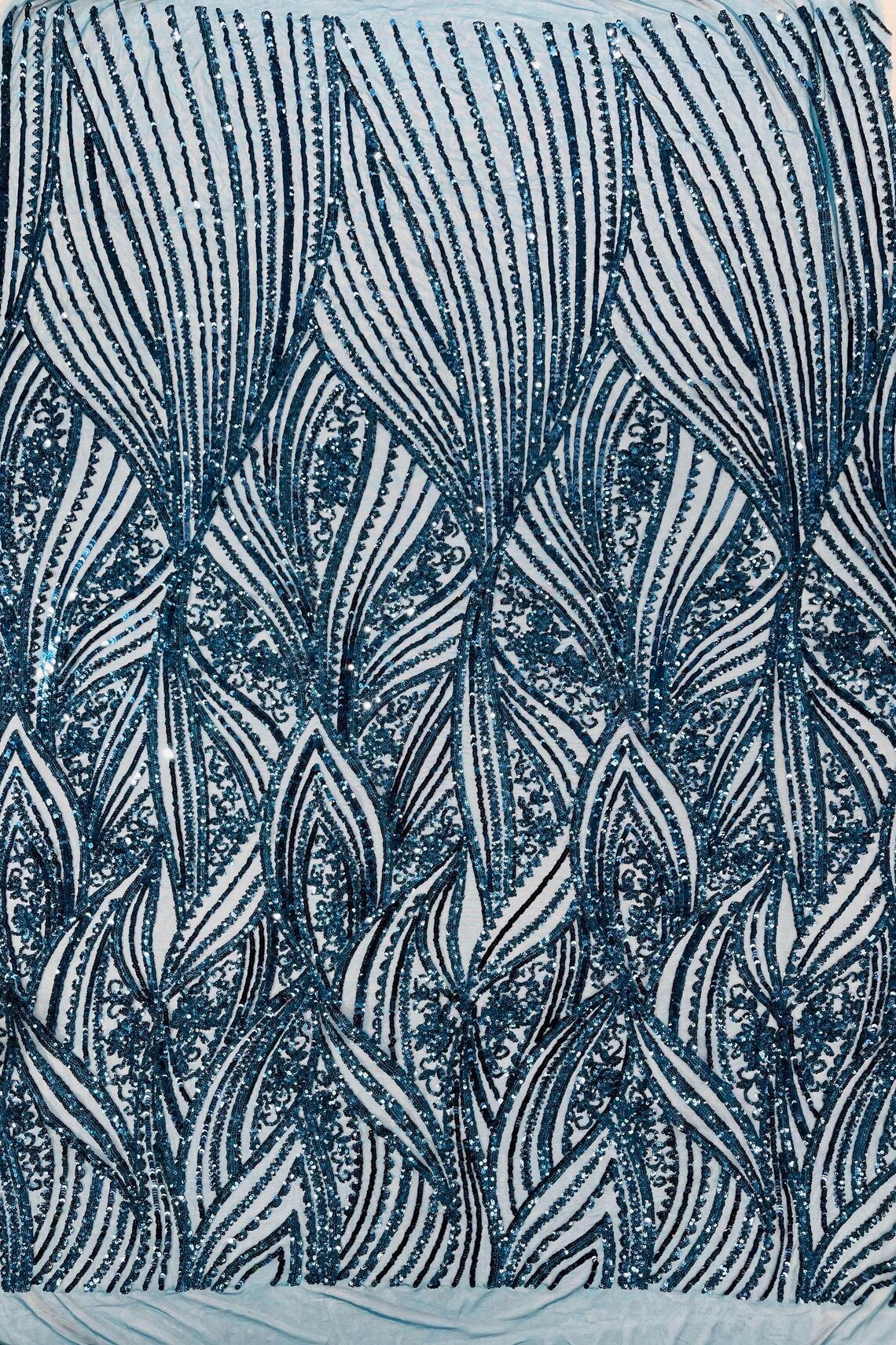 Curvy Line Design Fabric - Teal - 4 Way Stretch Sequins Design Mesh La