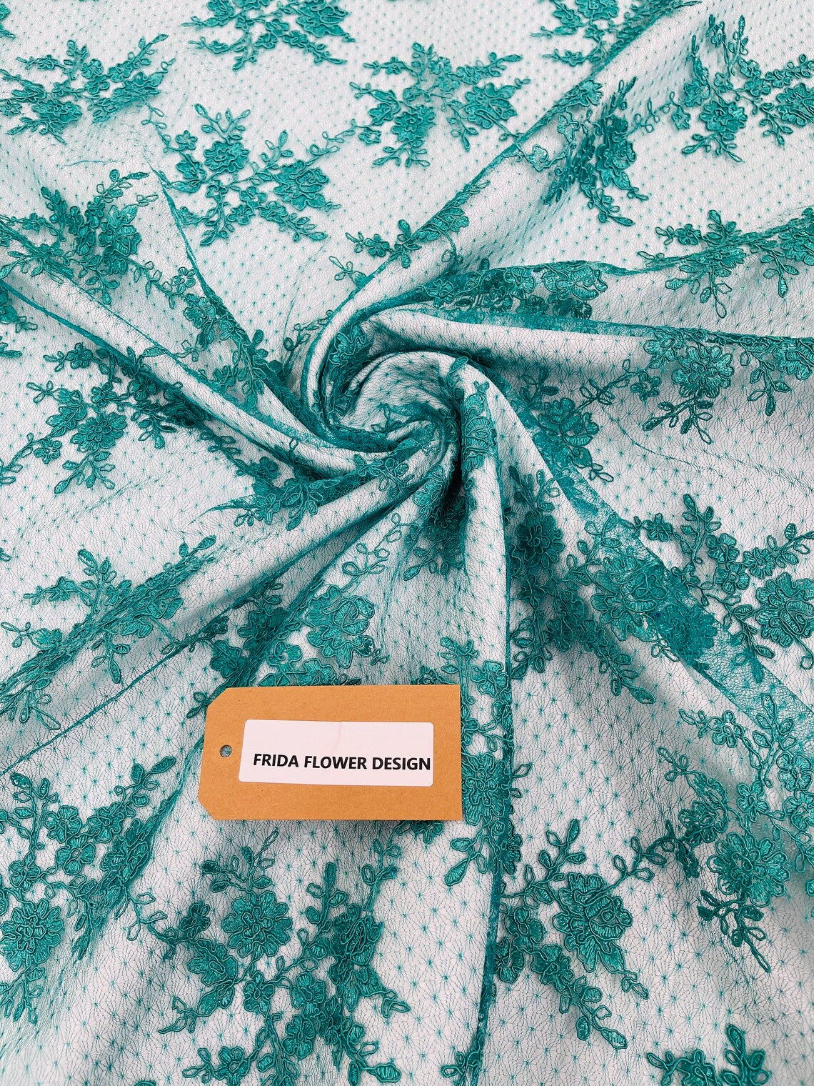 Embroidered Corded Lace Fabric - Teal - Cluster Fancy Flower Embroider
