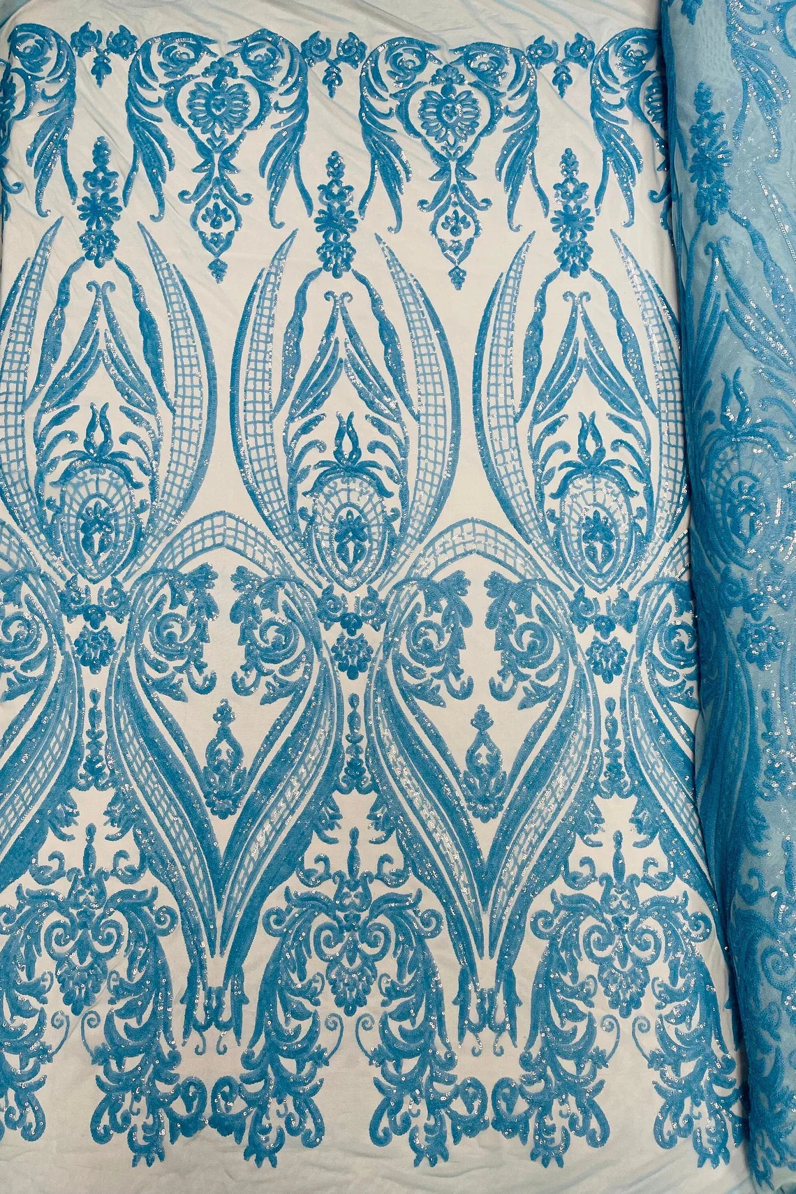 Big Damask Sequins Fabric - Turquoise Iridescent - 4 Way Stretch Damas