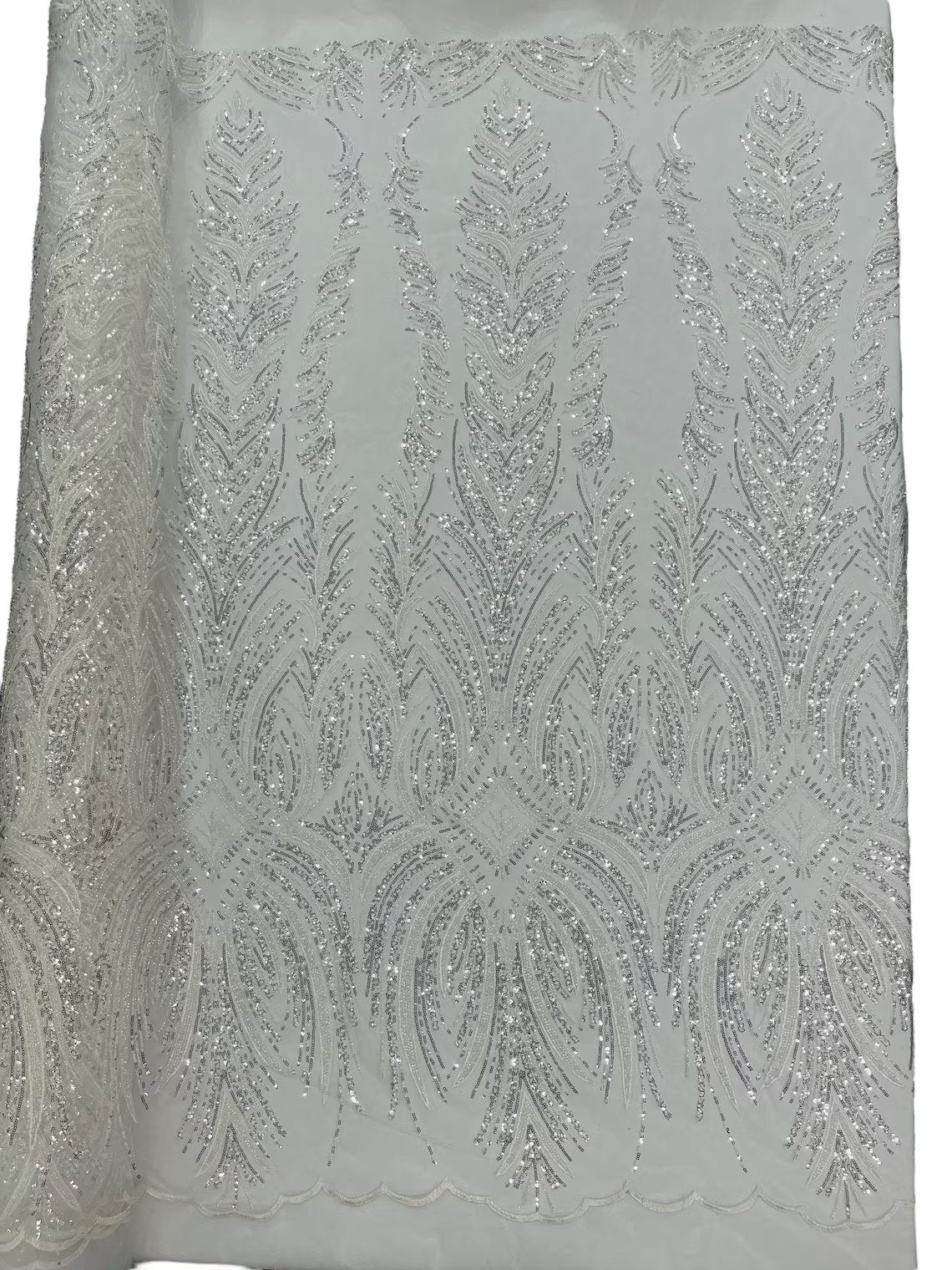 Beaded Lines Fabric - White / Silver - Luxury Beads and Sequins Line D